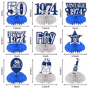 Bumqviy 9Pcs Happy 50th Birthday Honeycomb Decorations with String Lights for Men, Blue Silver Vintage 1974 Aged to Perfection Table Centerpiece Party Supplies, Fifty Years Birthday Table Sign Decor