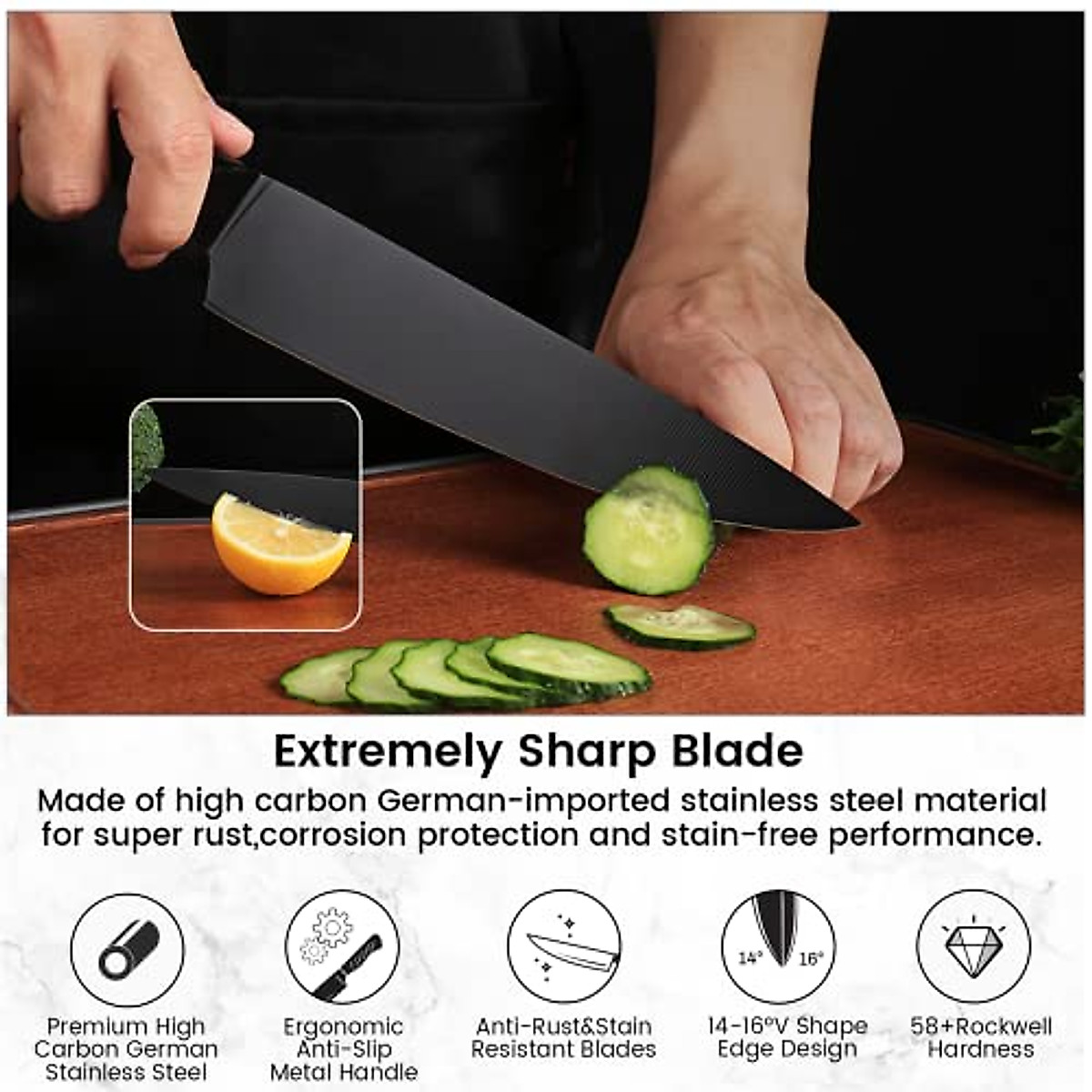 Knife Set,18 Pieces Kitchen Knife Set with Wooden Block,High Carbon German Stainless Steel Knife Block Set,Ultra Sharp, Full-Tang Design with Black Coating