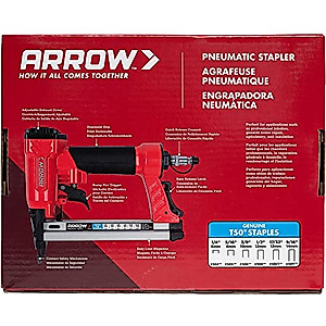 Arrow PT50 Oil-Free Pneumatic Staple Gun, Professional Heavy-Duty Stapler for Wood, Upholstery, Carpet, Wire Fencing, Fits 1/4”, 5/16”, 3/8", 1/2", 9/16” Staples , Red
