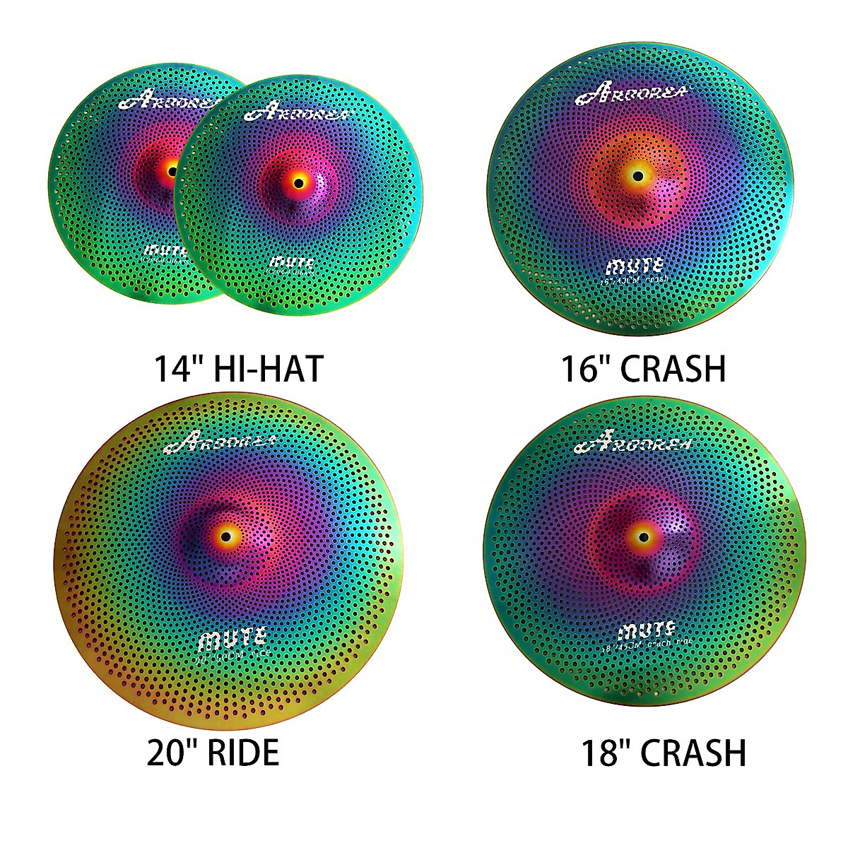 Arborea Mute Cymbal Set Low Volume Cymbal Pack 14"hi-hat+16"crash+18"crash+20"ride 5 Pieces Rainbow Drummer Practice Cymbal