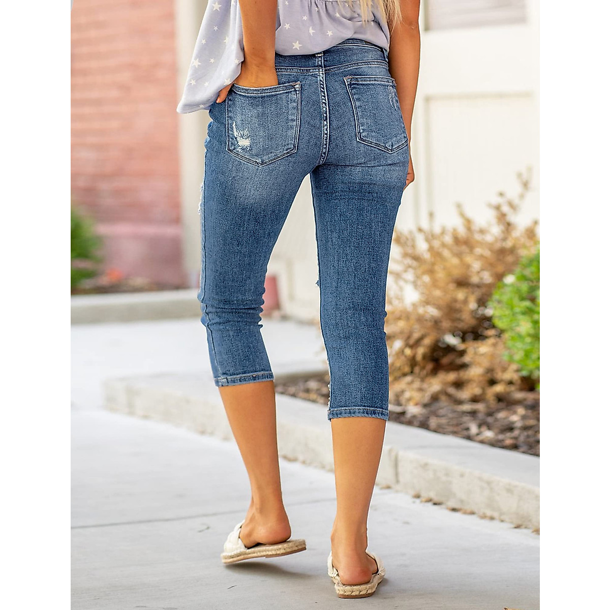 luvamia Womens Capri Jeans for Women High Waisted Skinny Ripped Jean Distressed Denim Capri Pants Casual Short Jeans Classic Blue Size Small Fits Size 4 to Size 6