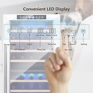 COSTWAY 20-Inch Wine Cooler Refrigerator, 43 Bottles Dual Zone Wine Cellar with 8 Wooden Shelves, Tempered Glass Door, Built-in or Freestanding Mini Wine Fridge for Home Office Bar