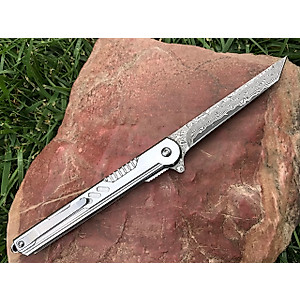 TACTICAL GEARZ Damascus Pocket Knife for EDC! Stainless Steel Handle! 67 Multi Layered Damascus Steel Tanto Blade! Includes Sheath! (Kraz XT)