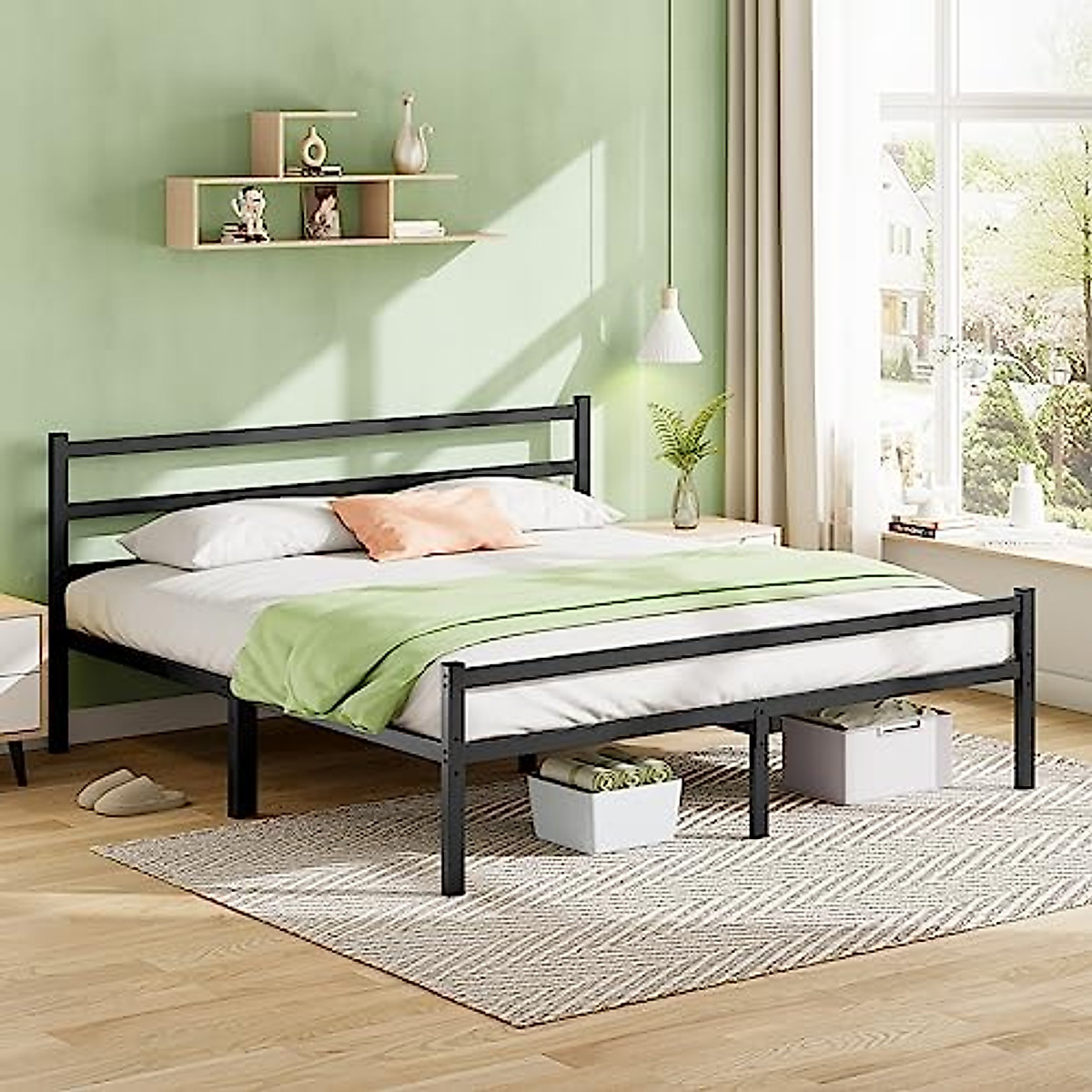 Mr IRONSTONE King Bed Frame with Headboard & Footboard, 14 Inch Sturdy Metal Platform King Size Bed Frame Mattress Foundation/No Box Spring Needed/Large Under Bed Storage Space/Anti-Slip/Noise-Free