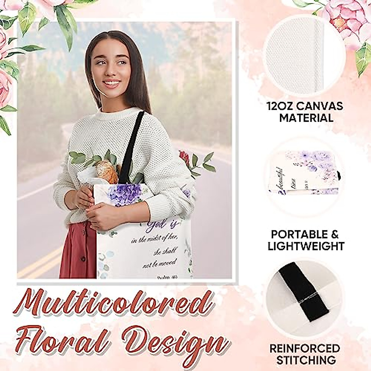 Silkfly 6 Pcs Bible Tote Bags for Women, Shoulder Scripture Religious Reusable Tote Bags Floral Verse Christian Tote Bag for Beach Market Travel Grocery Christmas Gift