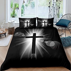Feelyou 3D Cross Print Comforter Cover Set for Boys Girls Adults Holy Cross Bedding Set Western Culture Duvet Cover Christian Exotic Bedspread Cover,Room Decor 3Pcs Bedding Queen Size,Black