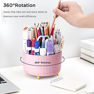 HBlife Pencil Pen Holder for Desk, 5 Slots 360° Degree Rotating Desk Organizers and Accessories, Desktop Storage Stationery Supplies Cute Pencil Cup Pot for Office, School, Home, Art Supply, Pink