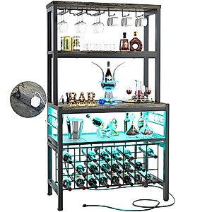Unikito Wine Bar Cabinet with RGB LED Light and Outlet, FreeStanding Wine Rack Table, Floor Liquor Cabinet with Glass Holder, Floor Bar Cabinet with Wine Rack for Home Kitchen Dining Room, Black Oak