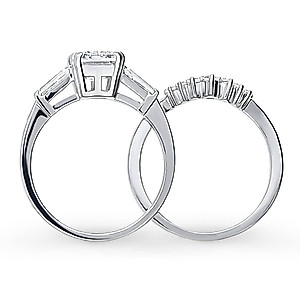 BERRICLE Sterling Silver 3-Stone Wedding Engagement Rings Emerald Cut Cubic Zirconia CZ 7-Stone Ring Set for Women, Rhodium Plated Size 6.5