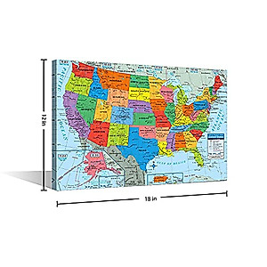 General America Map Wall Art Painting Detailed USA Map Pictures Print On Canvas Art The Picture for Home Modern Decoration Single Panel Modern Wall Decor Stretched and Framed Ready to Hang(12"Wx18"H)