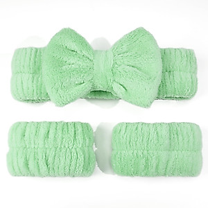 Ayesha Green Spa Headband and Wristband Set for Skincare Makeup Headband Wrist Cuffs for Washing Face Bubble Skincare Hairband for Women Girls