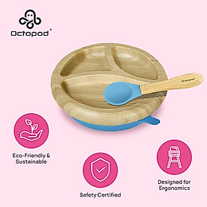 Abiie Octopod Bamboo Dish - Kids Plates for 4 months and up, 3-Compartment Baby Plates with Suction, Round Bamboo Baby Plate, Mess-Free Toddler Suction Plates, Baby Feeding Supplies, 7.5 x 7.5 x 1.9in