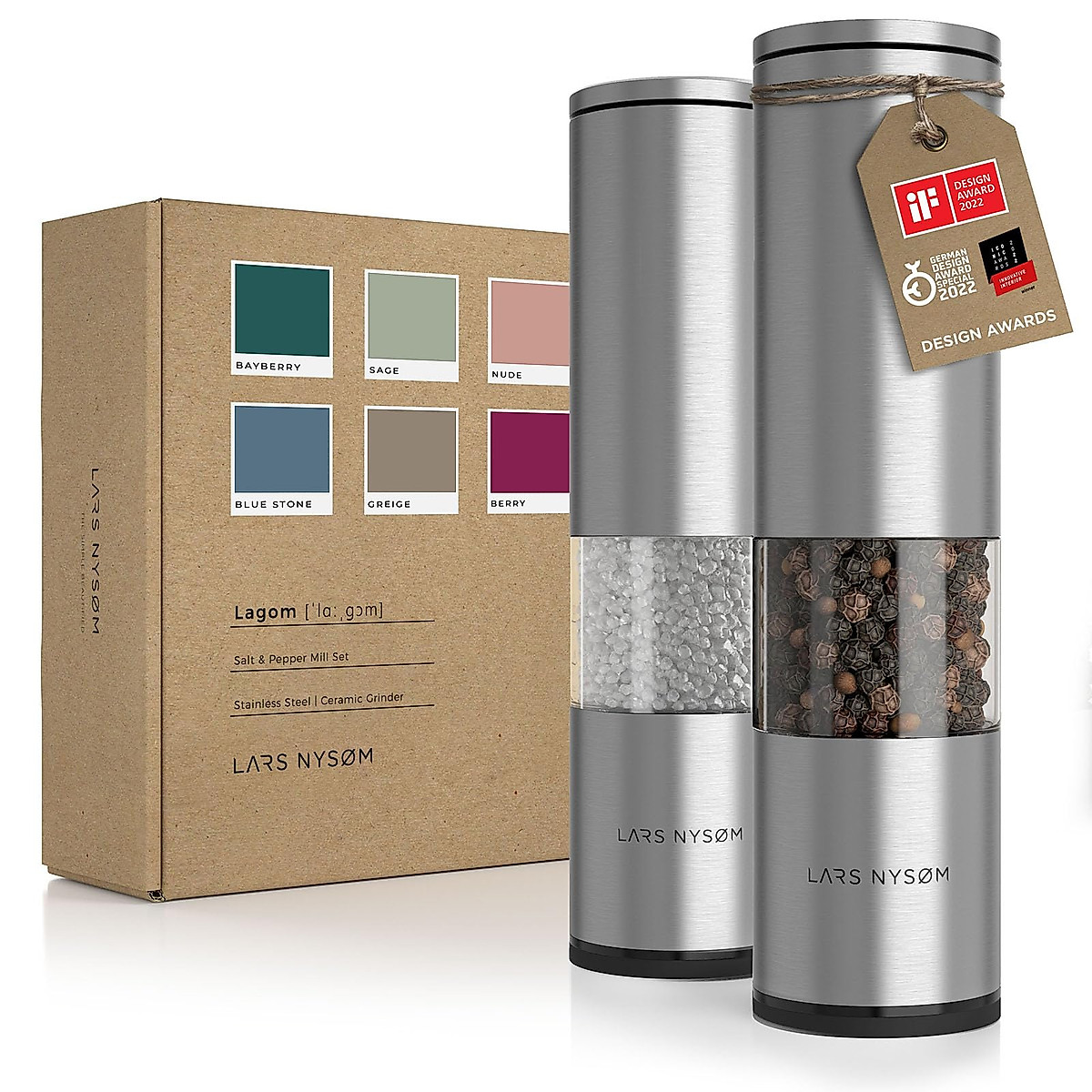 LARS NYSØM Salt and Pepper Grinder Set 2 pieces I Salt Pepper Mill with Adjustable Ceramic Grinder I Design Spice Grinder Set Manual (Stainless Steel)