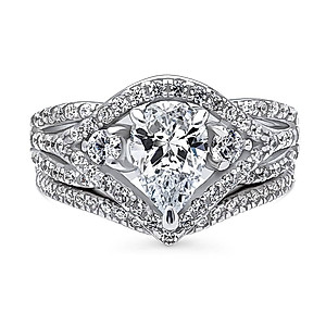 BERRICLE Sterling Silver 3-Stone Wedding Engagement Rings Pear Cut Cubic Zirconia CZ Woven Ring Set for Women, Rhodium Plated Size 9.5