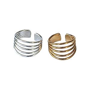 Handmade Silver 2Pcs Tiny Multi Band Thin Ear Cuffs Non-Piercing Huggie Earrings, 1xSterling Silver 1xGold Plated, Dainty Fake Cartilage Helix Non-Pierced Ear Wrap Clip on for Women, By Miya Jewelry
