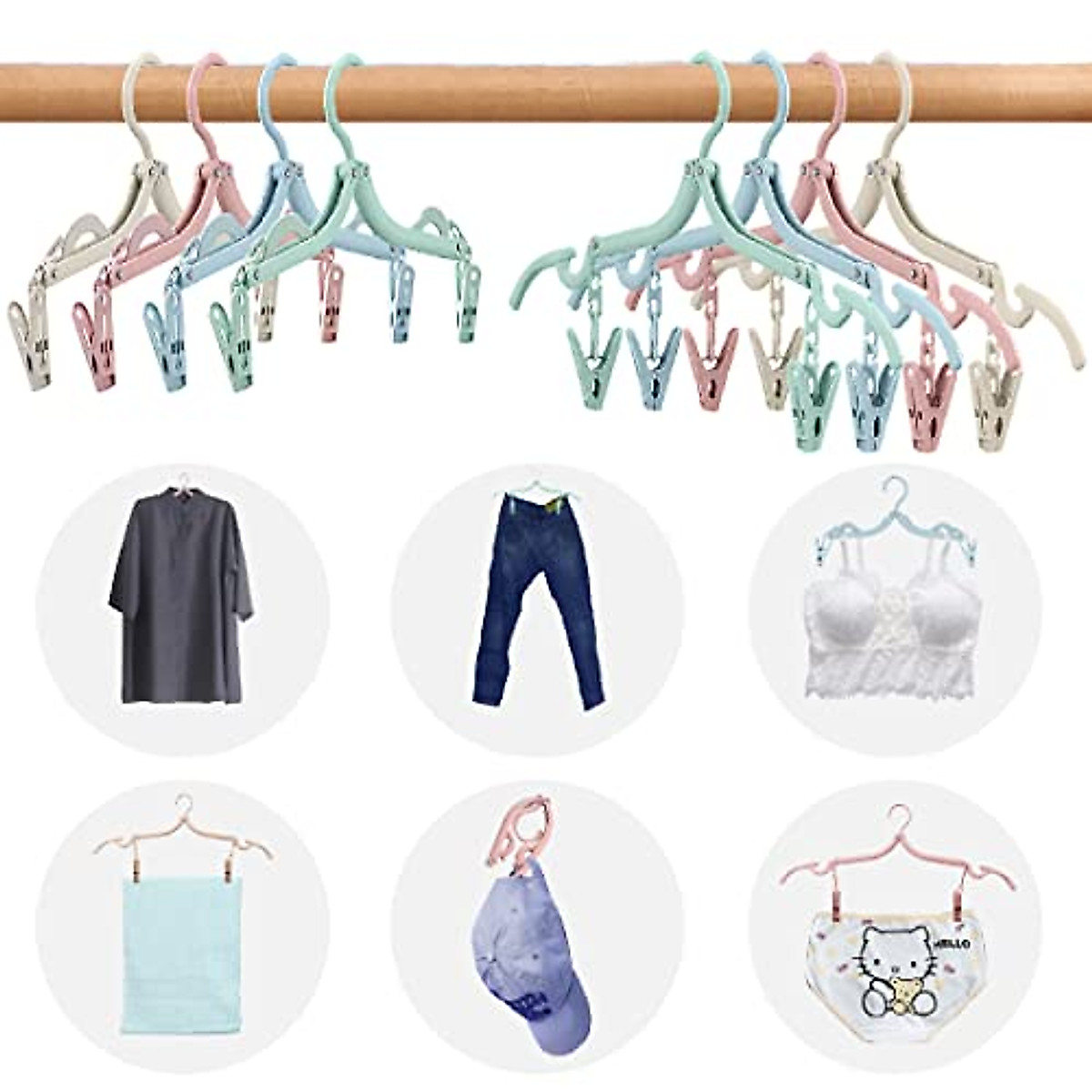 12 Pcs Folding Clothes Hangers, Portable Travel Clothes Hangers with Clips Plastic Non-Slip Pants Skirts Underwear Clothes Hangers Drying Rack for Home Outdoor Travel (12PCS)