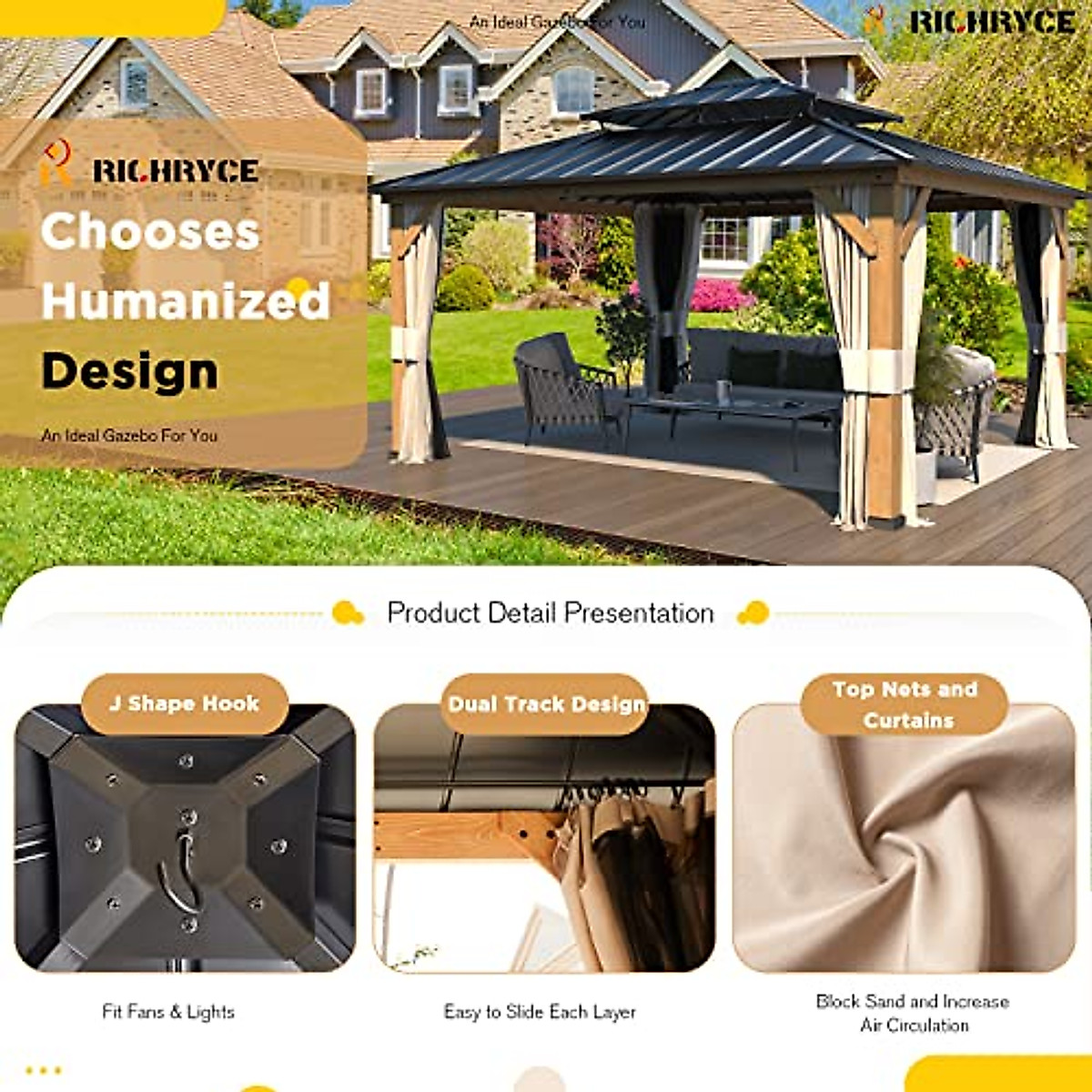 RICHRYCE 13' x 15' Solid Wood Gazebo, Hardtop Gazebo Plastic Sprayed Metal Roof Outdoor Gazebo Canopy Double Vented Roof Pergolas Wood Frame with Netting and Curtains for Garden, Patio, Lawns
