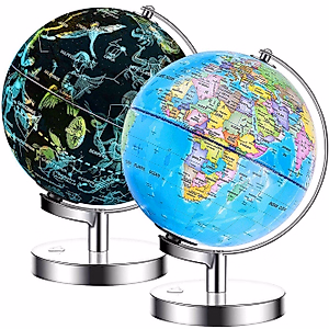 Exerz Illuminated World Globe 9.1-inch Diameter Metal Base - Political Map (Day) Constellation Globe (Night) - 2 in 1 Light up Cable Free LED lamp