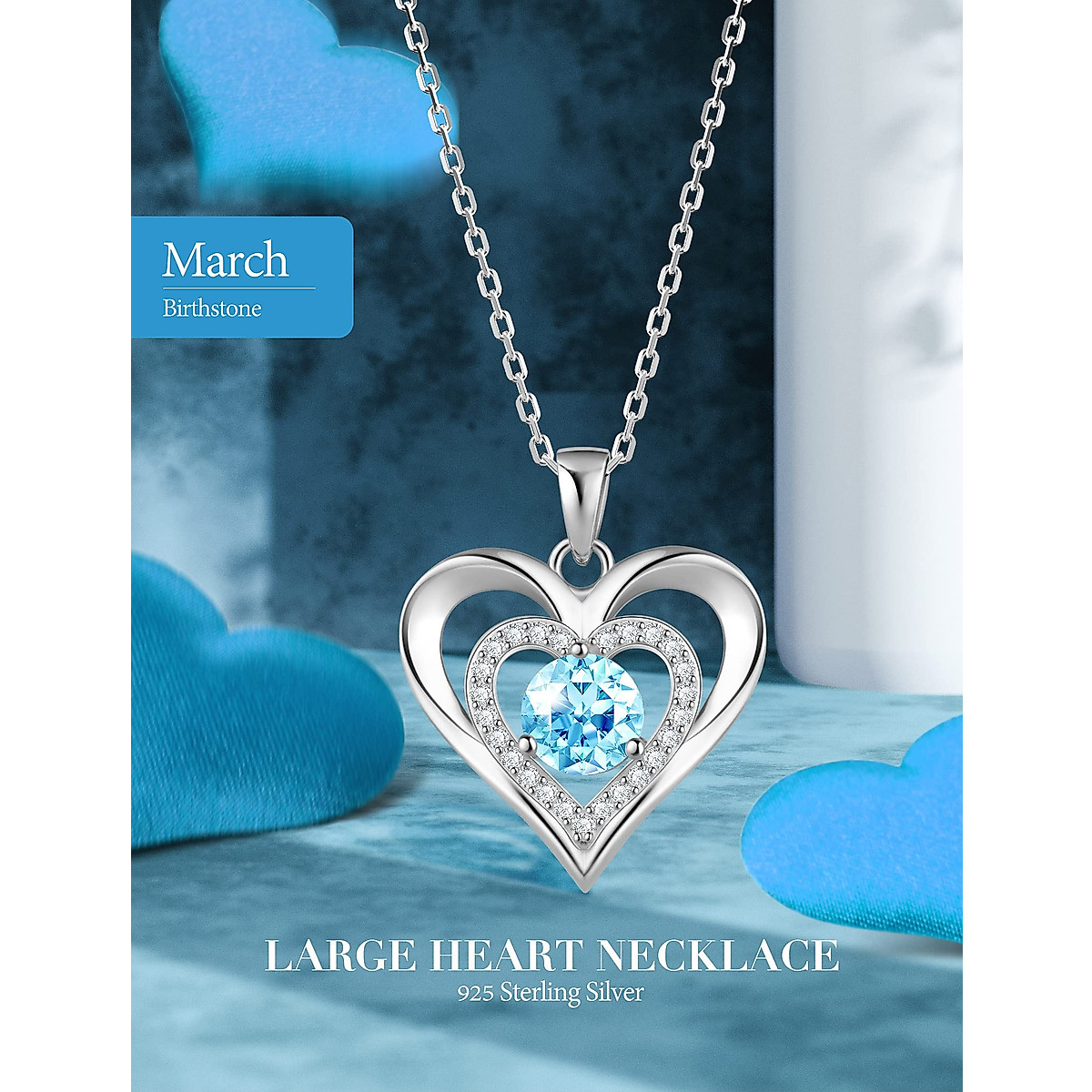 925 Sterling Silver Heart Necklace for Women Love Pendant Shiny Large Creat Aquamarine Birthstone Necklace Jewelry Valentine's Day Birthday Mothers Day Gifts for Mom Her Women Wife
