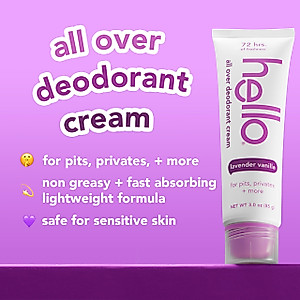 hello All Over Lavender Vanilla Whole Body Deodorant Cream, Aluminum Free Deodorant Cream for Pits, Privates + More, Offers 72 Hours of Freshness, Safe for Sensitive Skin, Vegan, 1 Pack, 3 Oz Tube