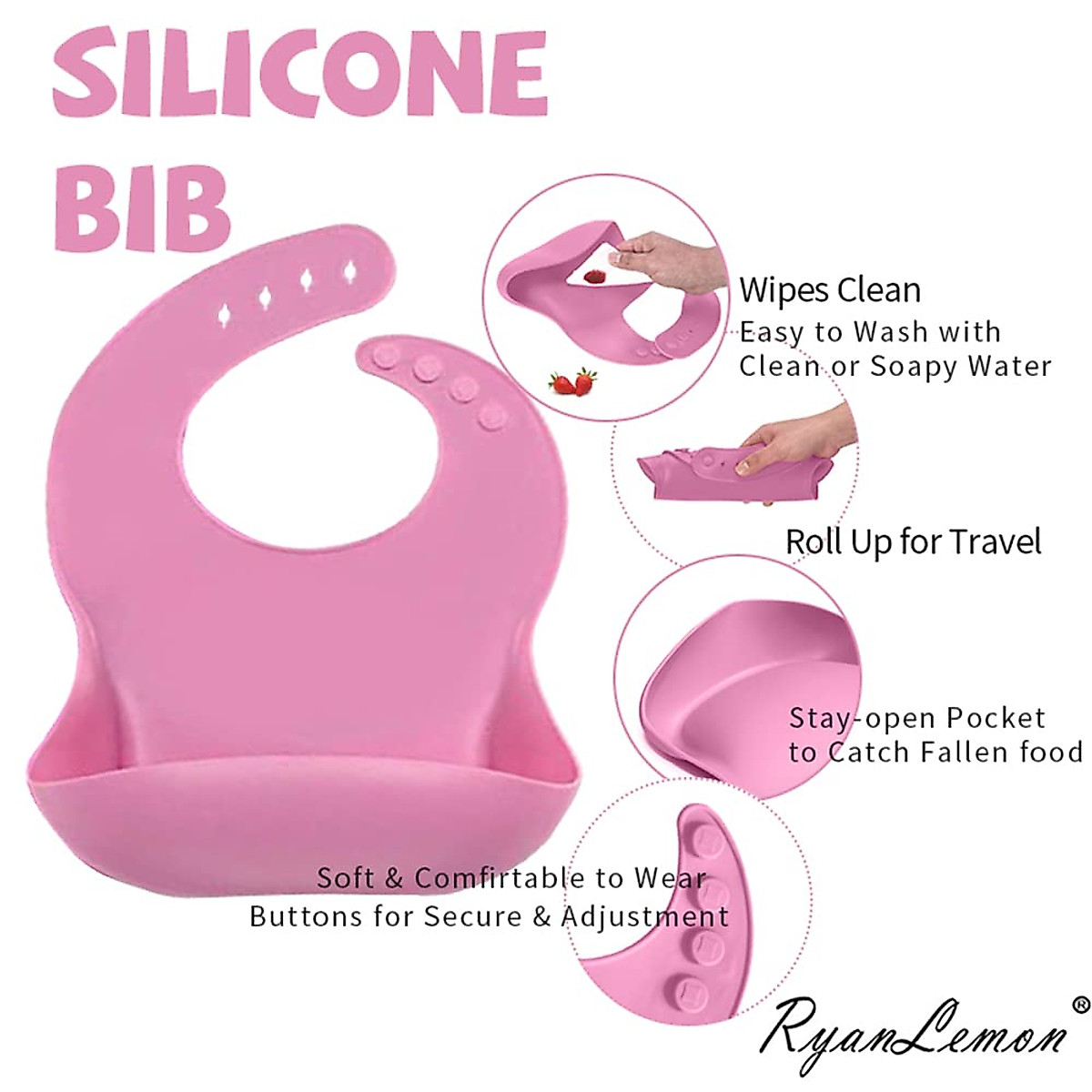 RyanLemon Baby Feeding Set, Silicone Baby Led Weaning Set, Suction Plate and Bowl, Pocket Bib, Spoon Fork, Toddler Flatware Set for Babies 6 Months+, Purple