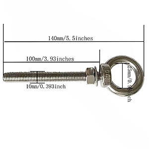 HYXXYY Stainless Steel Eye Bolt, 2pack M10 Shoulder Eye Bolts 3/8" X 4"with Nuts and Washer Thread Lifting Ring Eyebolt