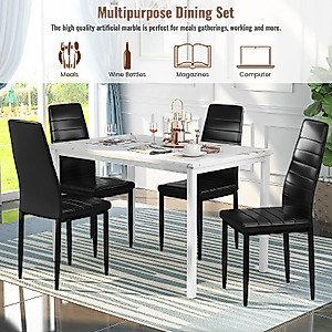 Lamerge Dining Table Set for 4, Marble Kitchen Table and Chairs for 4, Comfortable PU Leather Chairs,Dining RoomTable Set for Small Space,Living Room, Breakfast Nook,Black+White