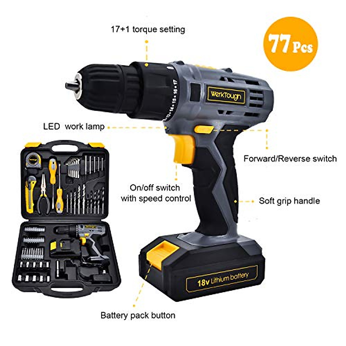 Uniteco 77PCS 18/20V Cordless Drill Screwdriver Tool Set Home Repair Set Combo Kit Tool Kit