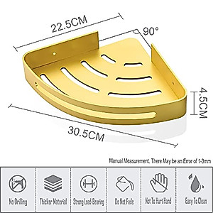 Corner Shower Caddy Wall Mounted, Metal Bathroom Storage Shelves with Hooks, Rust Proof Triangle Shower Shelf No Drilling, Adhesive Installation Bathroom Basket (2 Tiers, Bright Gold)