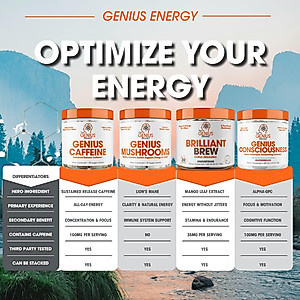 Genius Caffeine Pills 100mg, Extended-Release Microencapsulated Caffeine Pills - All-Natural Non-Crash Sustained Energy, Focus & Concentration Supplement - Nootropic Brain Booster - 100 Capsules