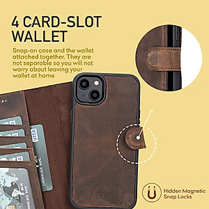 Bayelon Case for iPhone 14, Full Grain Leather Wallet Case, [2in1], Detachable Magnetic Flip Cover with Card Slots, Kickstand, MagSafe Compatible (Dark Brown)