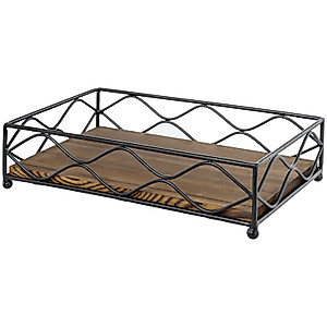 MyGift Rustic Decorative Serving Tray, Burnt Wood ad Matte Black Metal Wire Display Tray with Rounded Feet
