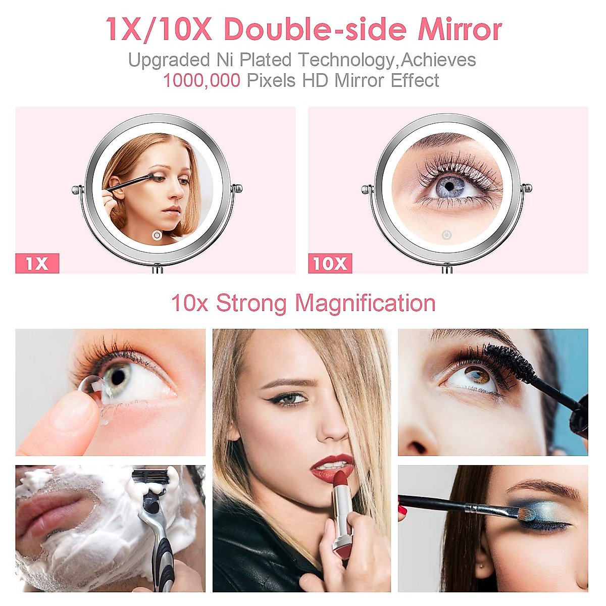 SPIGHTDEX Magnifying Mirror with Light 1x/10x Magnification，Mirror with Lights 7 Inch Double Sided，Lighted Makeup Vanity Mirror with Stand，Led Cosmetic Beauty Mirror for Tabletop Shaving Bathroom