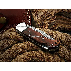 JNR TRADERS Damascus Pocket Knife with Sheath, Folding Knife, Handmade Small Folding Pocket Knife with Sheath, Wood Handle 2397