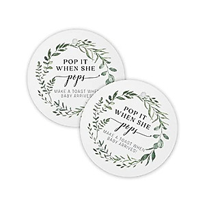 Pop It When She Pops Champagne Tag | 30 Pack | 2.5" inch Circle Tag with Pre-Cut Hole | Baby Shower Party Favor Tag | White with Greenery Design for Baby Shower Party Favor