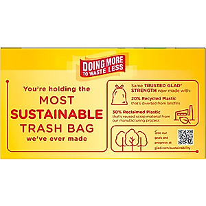 Glad ForceFlex MaxStrength Tall Kitchen Drawstring Trash Bags, 13 Gallon, 50% Recovered Plastic, Lemon Fresh, 45 Count