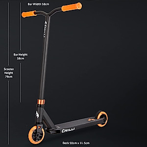 Chilli Base - Quality Freestyle Extreme Intermediate and Beginner Stunt Scooter for Ages 6 and up, 110 mm Wheels, HIC Compression System - Black/Orange
