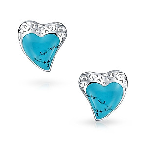 Bali Style Filigree Stabilized Turquoise Heart Shaped Stud Earrings For Women For Girlfriend .925 Sterling Silver