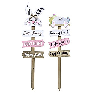 DECSPAS 2 PCS Easter Decorations, 37" Decorative Garden Stakes Easter Spring Outdoor Garden Decor, White Easter Bunny Happy Easter Sign Spring Decorations for The Home, Outdoor, Yard, Patio