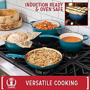 Basque Enameled Cast Iron Cookware Set, 7-Piece Set (Biscay Blue), Nonstick, Oversized Handles, Oven Safe; Skillet, Saucepan, Small Dutch Oven, Large Dutch Oven, 10.25", 2QT, 2.25QT, 4.75QT