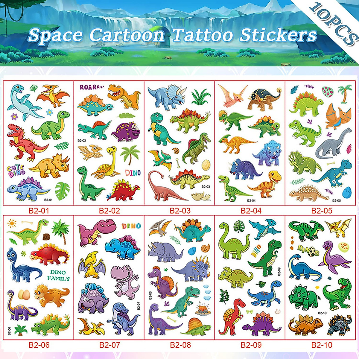 10 Sheets(120PCS) Dinosaur Temporary Tattoos for Kids Cartoon Fake Tattoo Stickers Cute Dinosaur Egg Tree Leaf Design Waterproof Body Art Tattoo Sticker for Kids Birthday Party Decoration Supplies