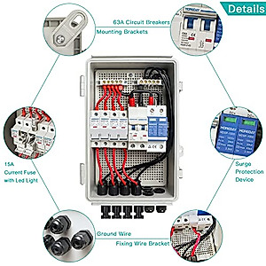 EXCELFU 4 String PV Combiner Box for Solar, with Lightning Arreste & 15A Rated Current Fuse and 63A Circuit Breaker, IP65 Waterproof Solar Combiner Box for On/Off Grid Solar Panel System