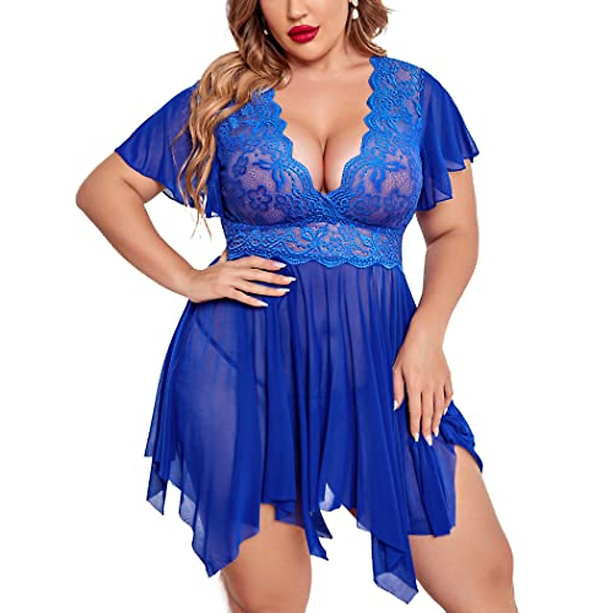 Avidlove Womens Plus Size Lingerie Babydoll Sexy Mesh Nightdress Royal Blue