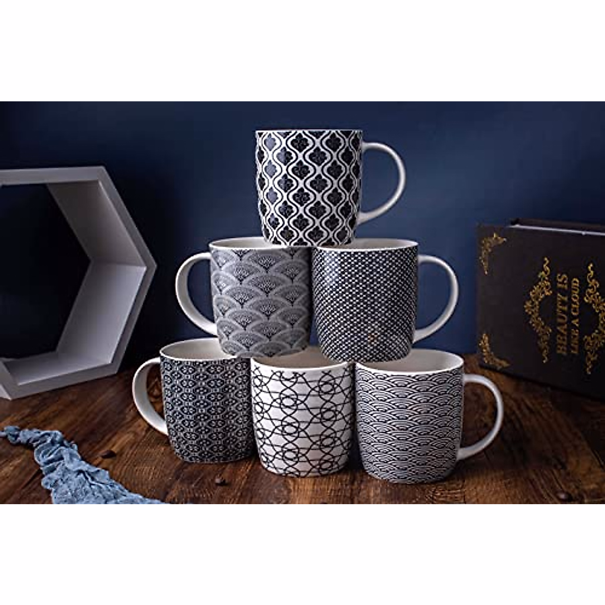 MACHUMA Set of 6 11.5 oz Coffee Mugs with Black and White Geometric Patterns, Ceramic Tea Cup Set