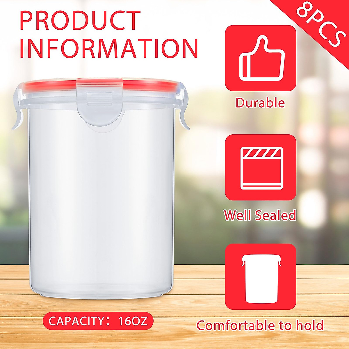 Tessco 8 Pieces Overnight Oats Containers with Lids 16 oz Round Airtight Oatmeal Container Plastic Leakproof Mason Jars for Overnight Oats with Locking Lid Cereal Milk Oatmeal Storage (Red)