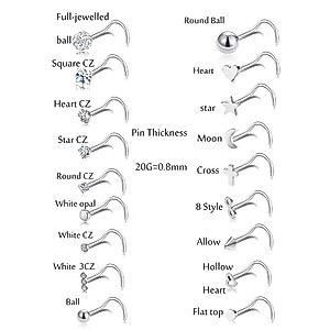 Ofeiyaa 38Pcs Stainless Steel Nose Rings Geometric Nose Studs Septum Ring Hoop Cartilage Stud Nose L & I Shape Body Piercing Jewelry for Women Silver Rose Gold Tone (A2:38pcs,S Silver Stone)