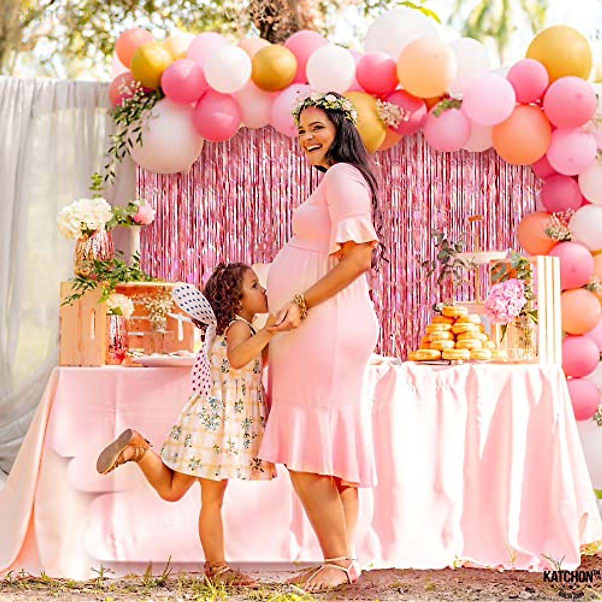 KatchOn, Holographic Rose Gold Fringe Curtain - Large, 6.4x8 Feet, Pack of 2 | Holographic Rose Gold Backdrop for Bachelorette Party Decorations | Rose Gold Streamers for Girls Night Decorations