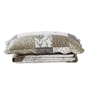 Brilliant Sunshine Roses and Toile Quilt Set, 2-Piece Bedding Sets with 1 Sham, Patchwork Design, Washable and Reversible Bedspread, Soft Lightweight Coverlet, All-Season, Twin/Twin XL, Rose Grey