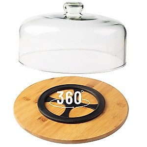 11 Inch Bamboo Cake Stand with 10 Inch Glass Dome Cover, ANMEISH Rotating Cupcake Display Plate with Lid, Cake Holder with Turntable Base