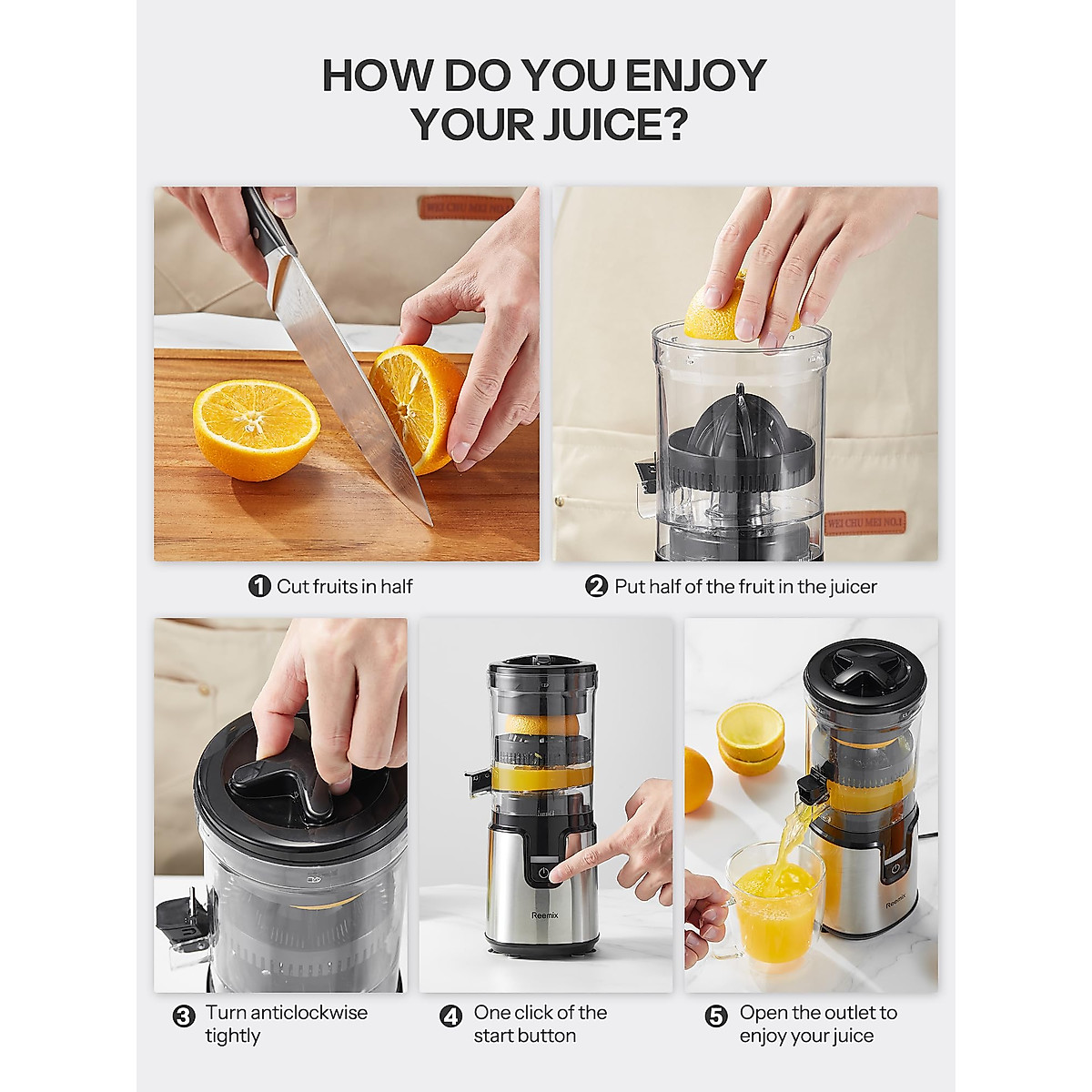 Electric Citrus Juicer, Reemix Lemon Squeezer with Brushed Stainless Steel Body, Fully Automatic One-click Operation Orange Squeezer, Black+Silver